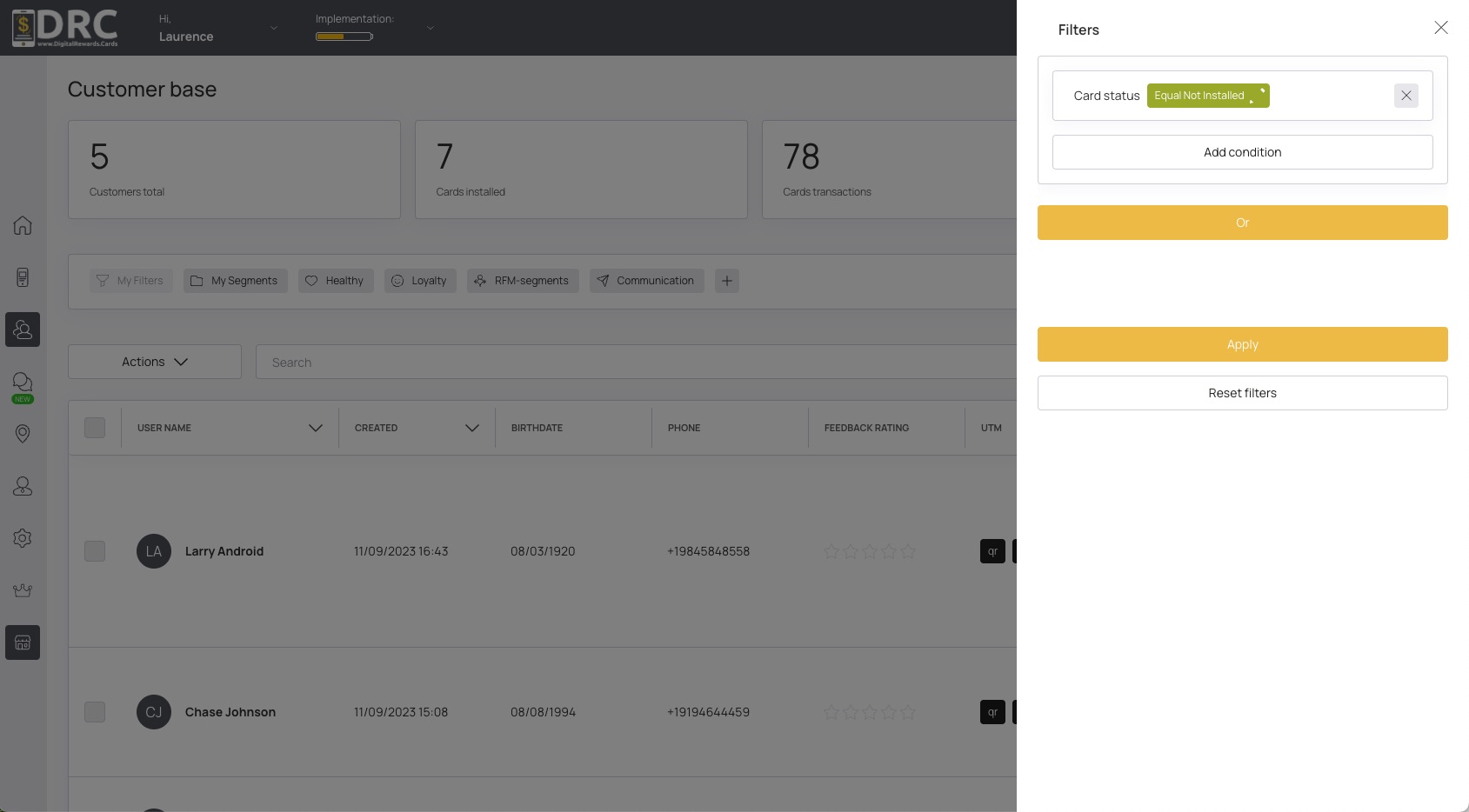 Custom Customer Filters - Digital Rewards Cards and Loyalty Program (DRC)